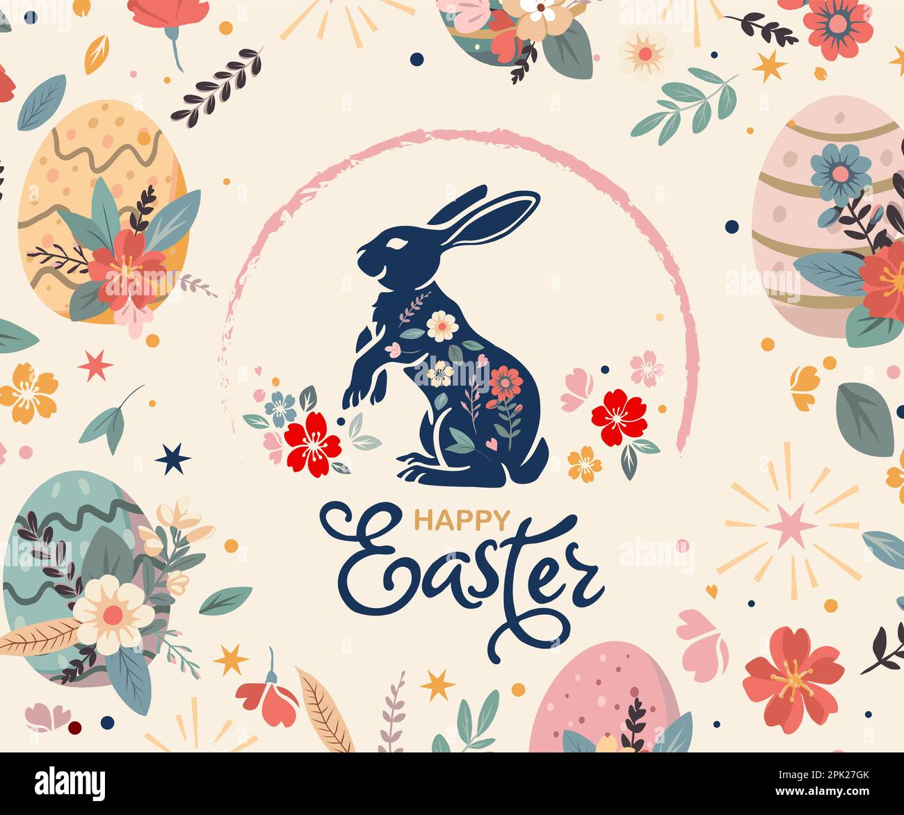 Poster with silhouettes of rabbits, spring flowers and colored eggs ...