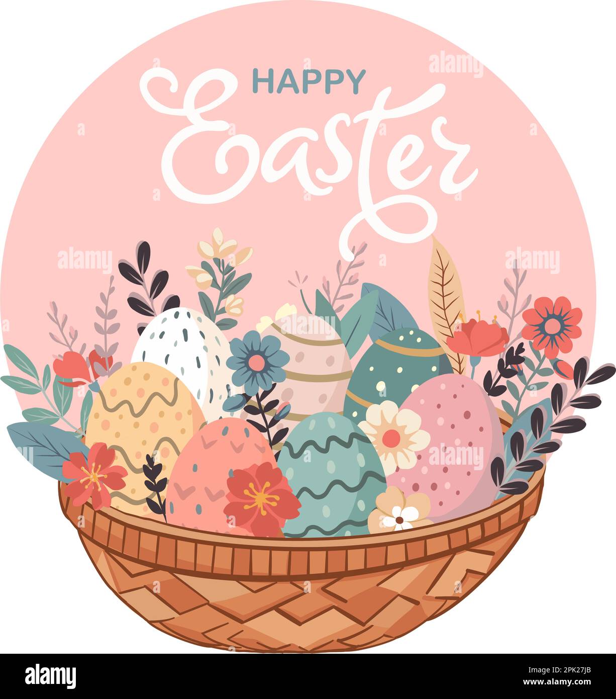 Poster with silhouettes of rabbits, spring flowers and colored eggs ...