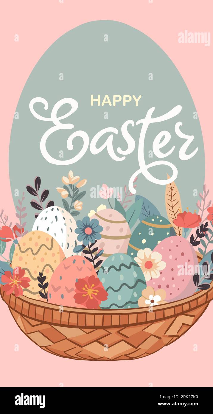 poster for stories, spring flowers and colored eggs. Vector flat ...