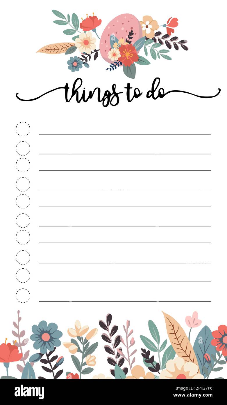 sheet to do list, spring flowers and colored eggs. Vector flat ...