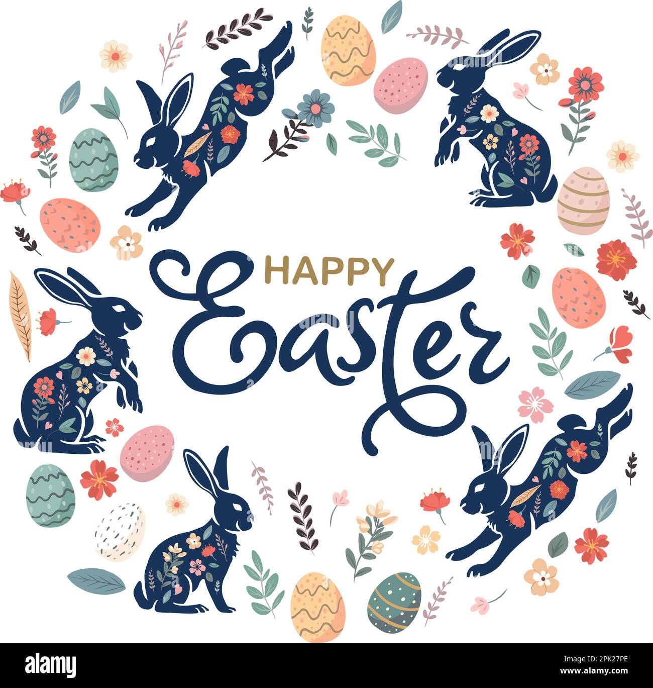 Poster with silhouettes of rabbits, spring flowers and colored eggs ...