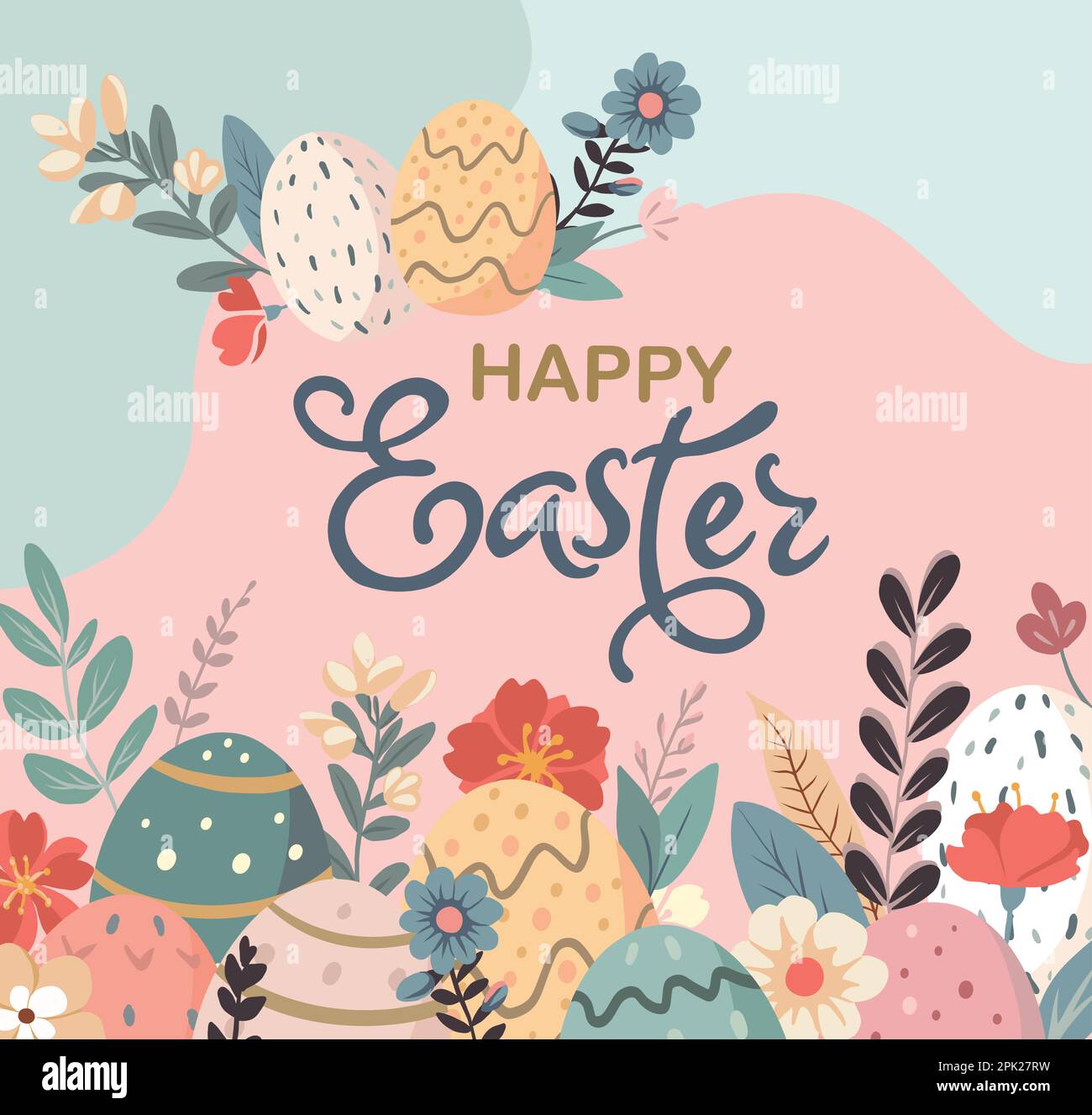 Poster with silhouettes of rabbits, spring flowers and colored eggs ...