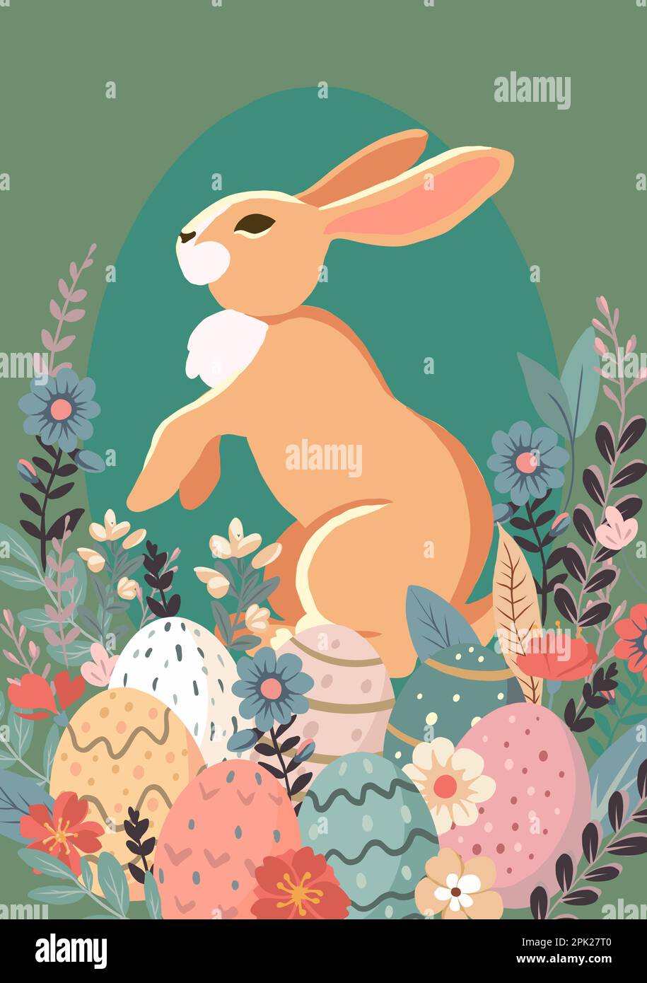 Poster with silhouettes of rabbits, spring flowers and colored eggs ...