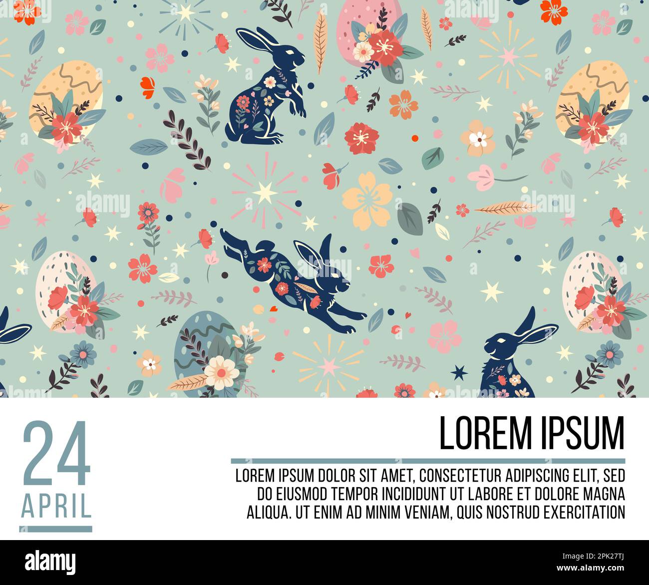 Poster with silhouettes of rabbits, spring flowers and colored eggs ...