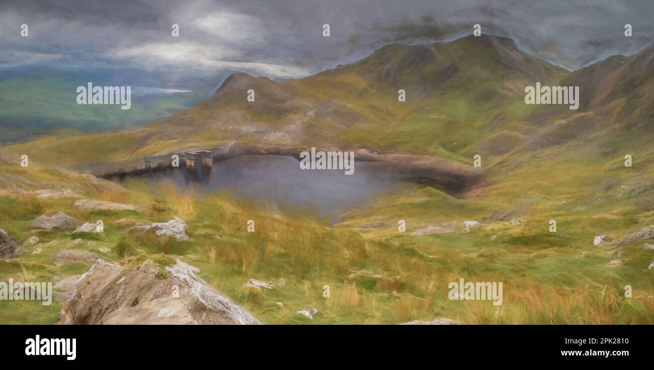 Digital painting of Stwlan Dam and the Moelwyn mountains near Blaenau Ffestiniog in Snowdonia ...