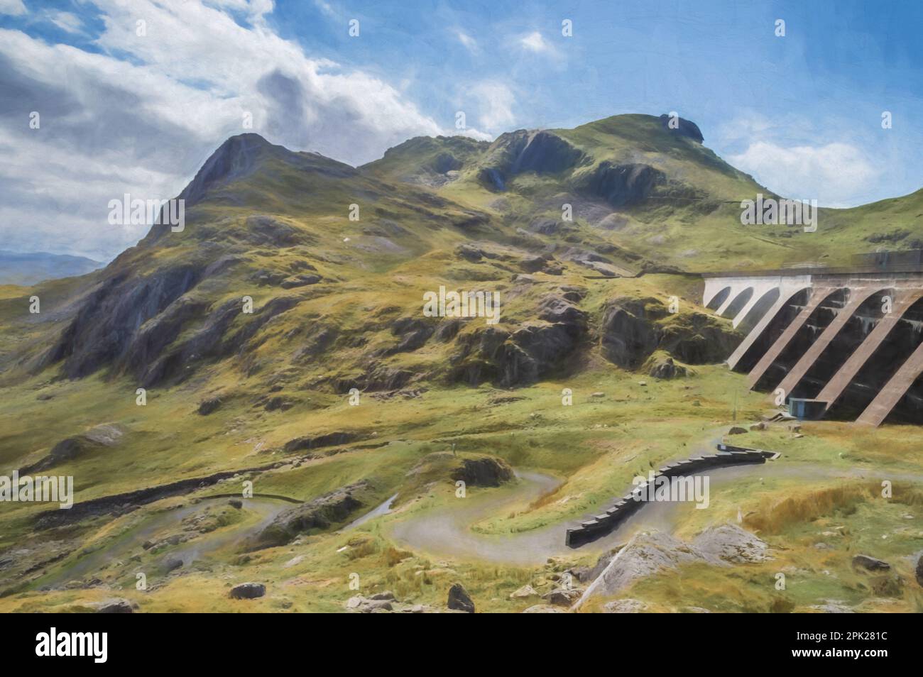 Digital painting of Stwlan Dam and the Moelwyn mountains near Blaenau Ffestiniog in Snowdonia ...
