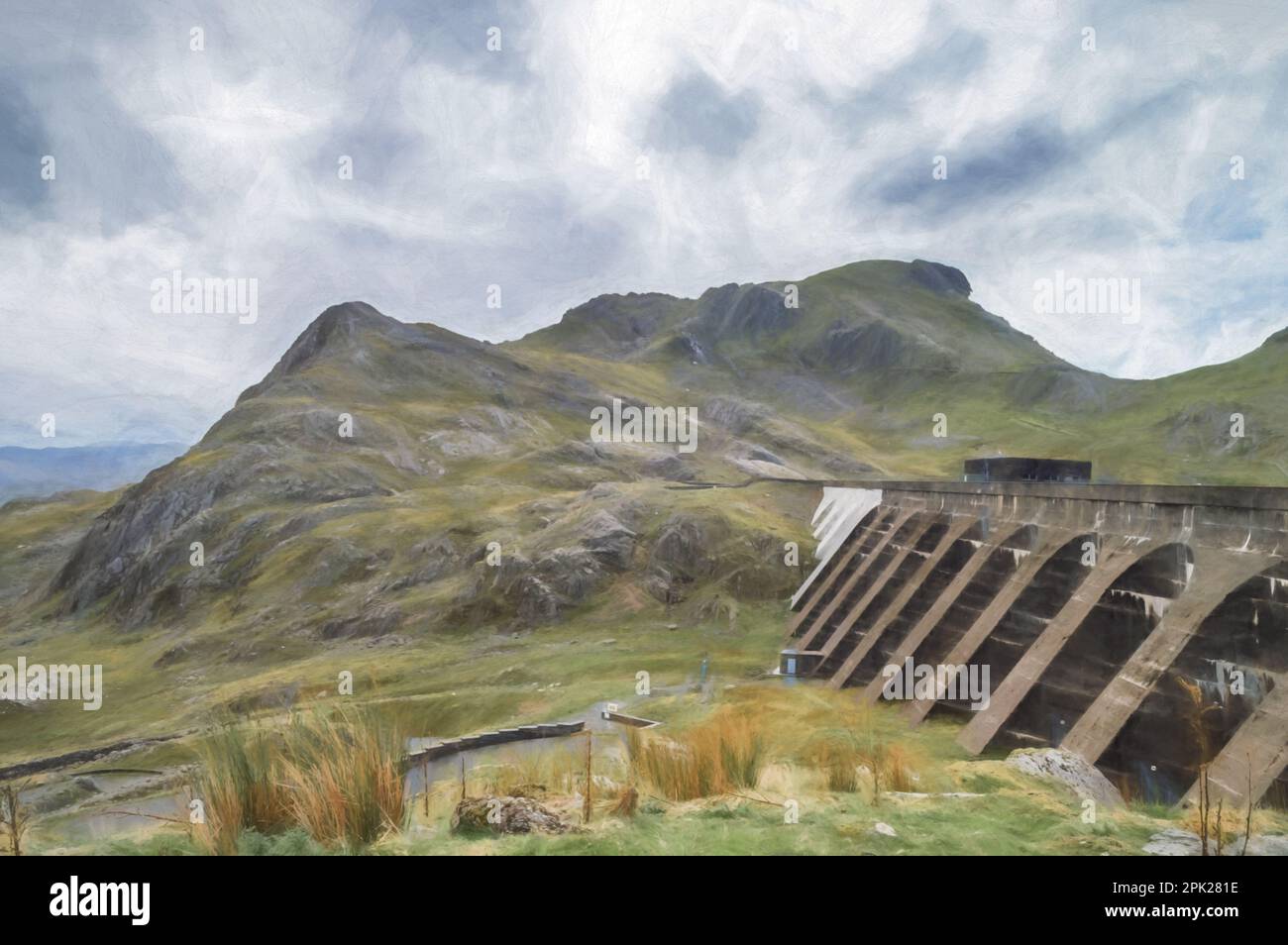 Digital painting of Stwlan Dam and the Moelwyn mountains near Blaenau Ffestiniog in Snowdonia ...