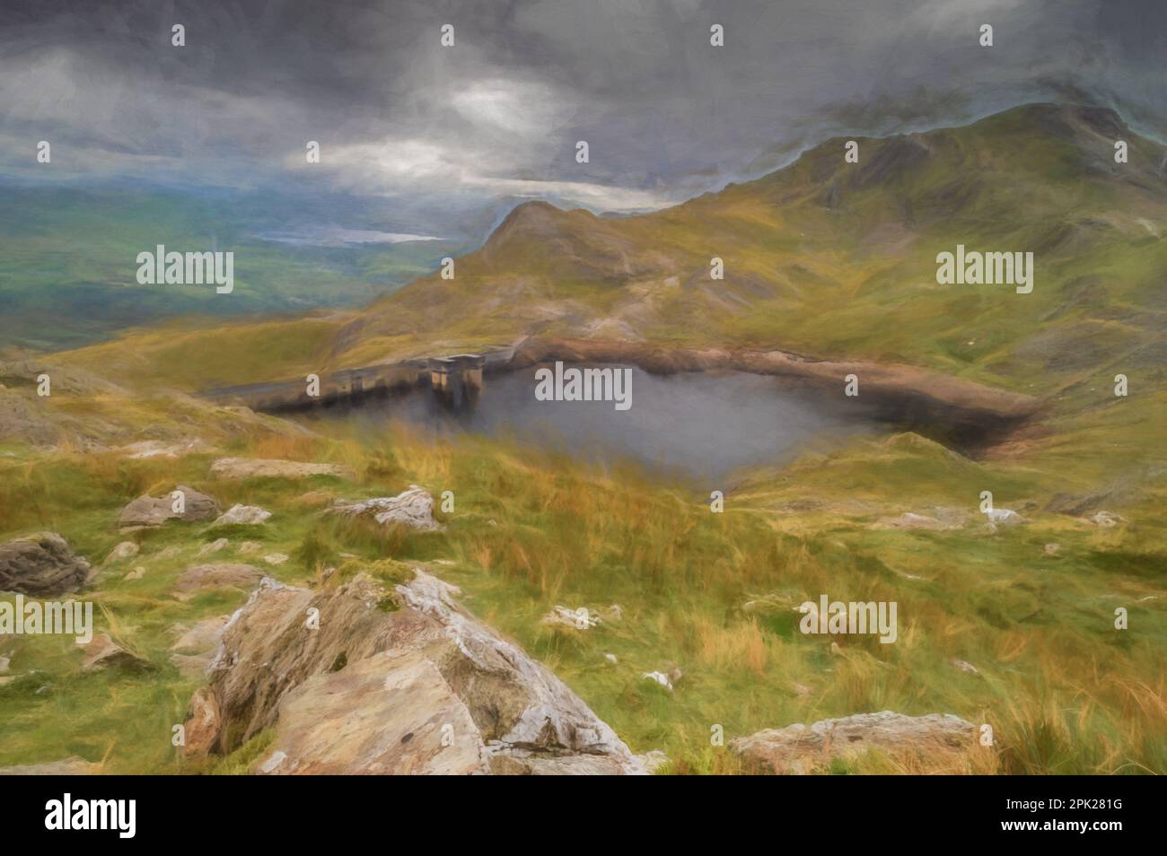 Digital painting of Stwlan Dam and the Moelwyn mountains near Blaenau Ffestiniog in Snowdonia ...