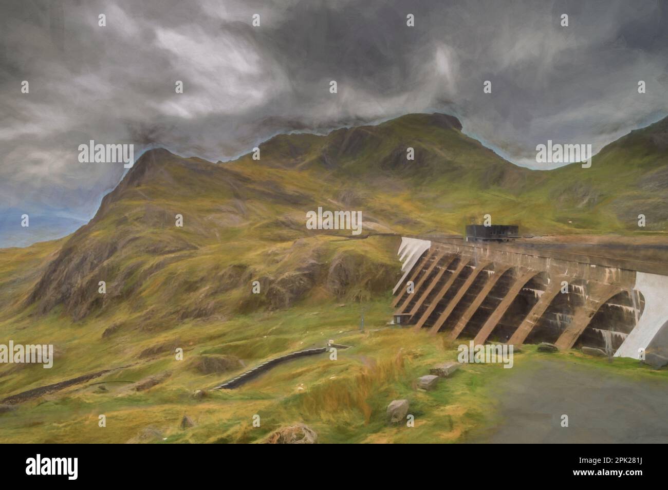 Digital painting of Stwlan Dam and the Moelwyn mountains near Blaenau Ffestiniog in Snowdonia ...
