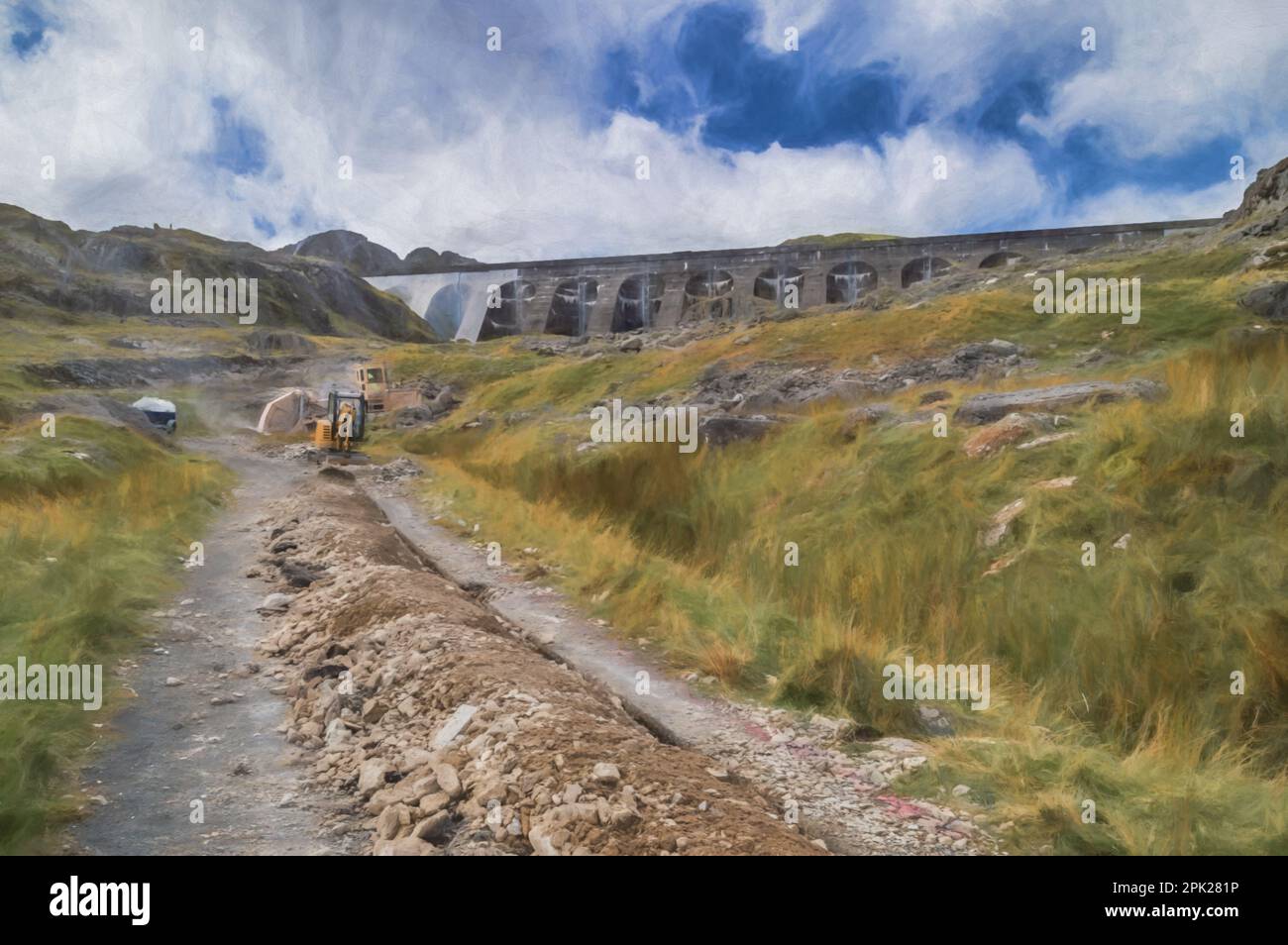 Digital painting of Stwlan Dam and the Moelwyn mountains near Blaenau ...