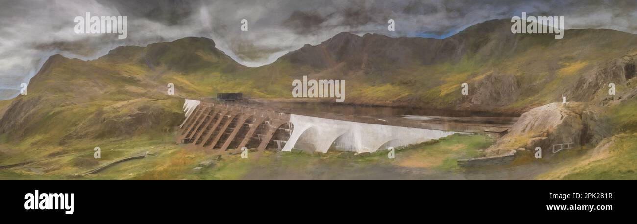 Digital painting of Stwlan Dam and the Moelwyn mountains near Blaenau ...
