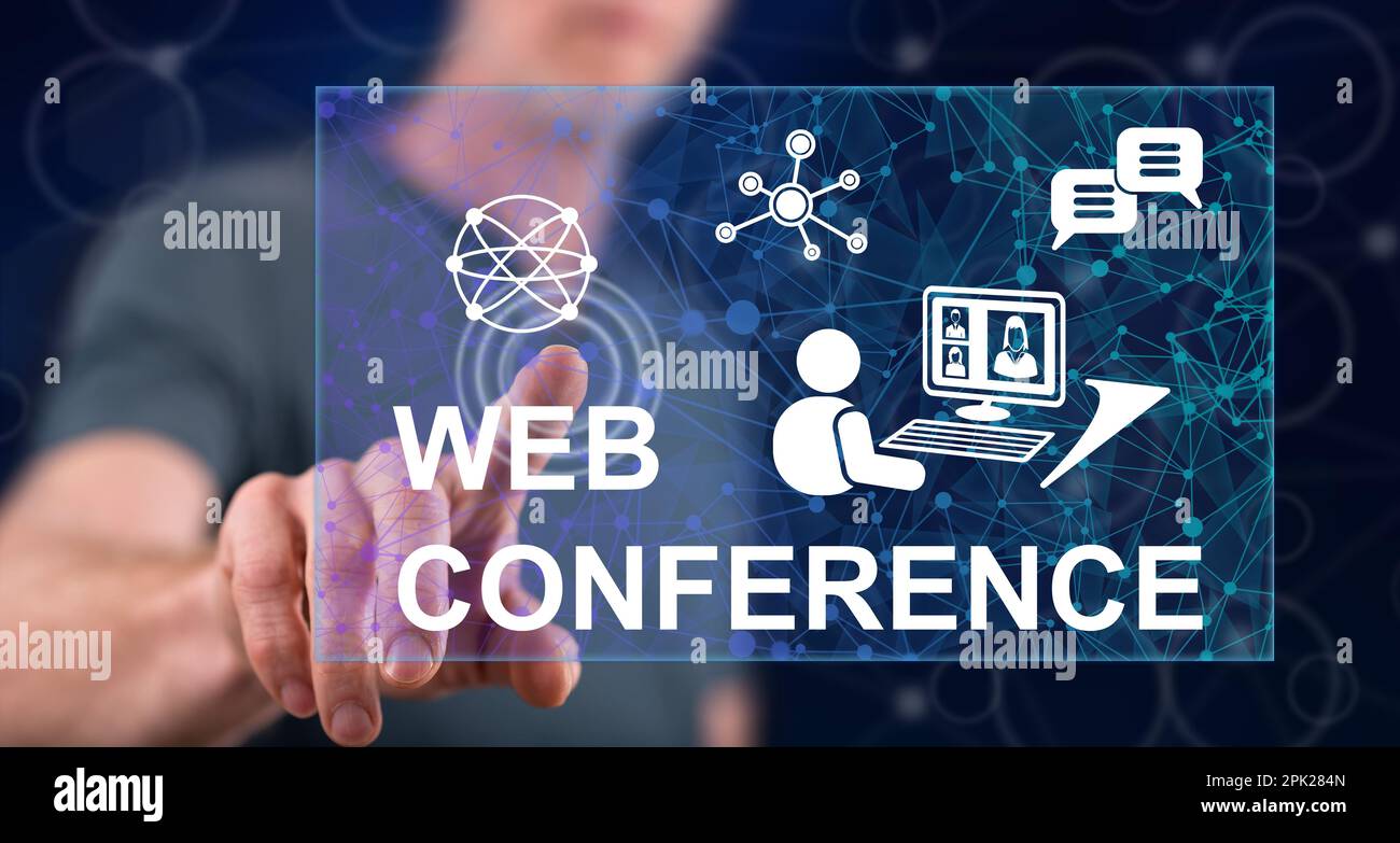Man touching a web conference concept on a touch screen with his finger ...