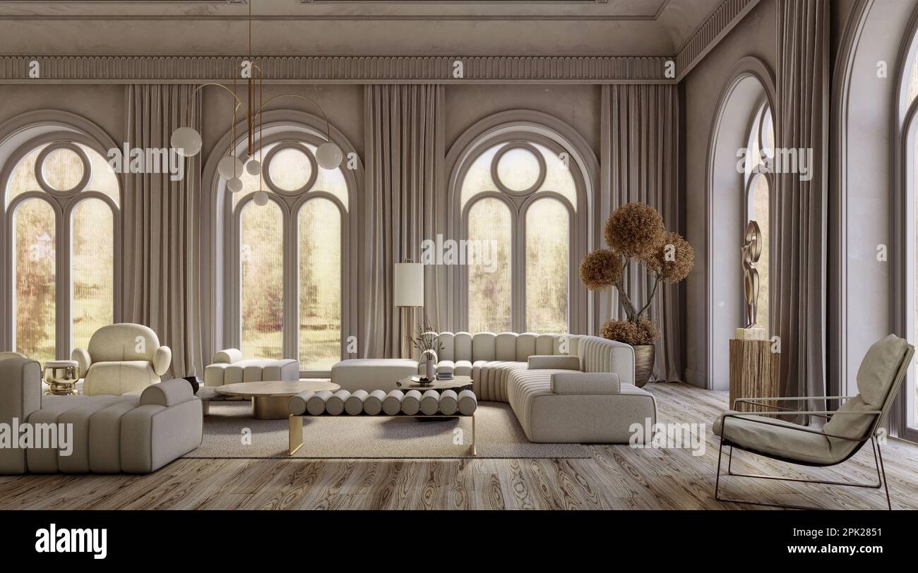 Cozy living room interior with arch windows and modern furniture Stock ...
