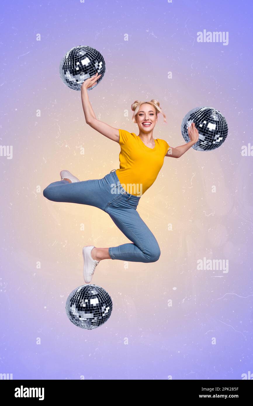 Vertical photo artwork collage of young carefree energetic lady jumping ...