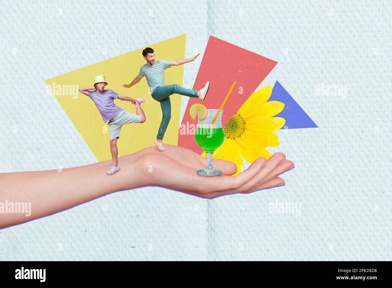 Composite collage picture of arm palm hold two mini positive guys ...