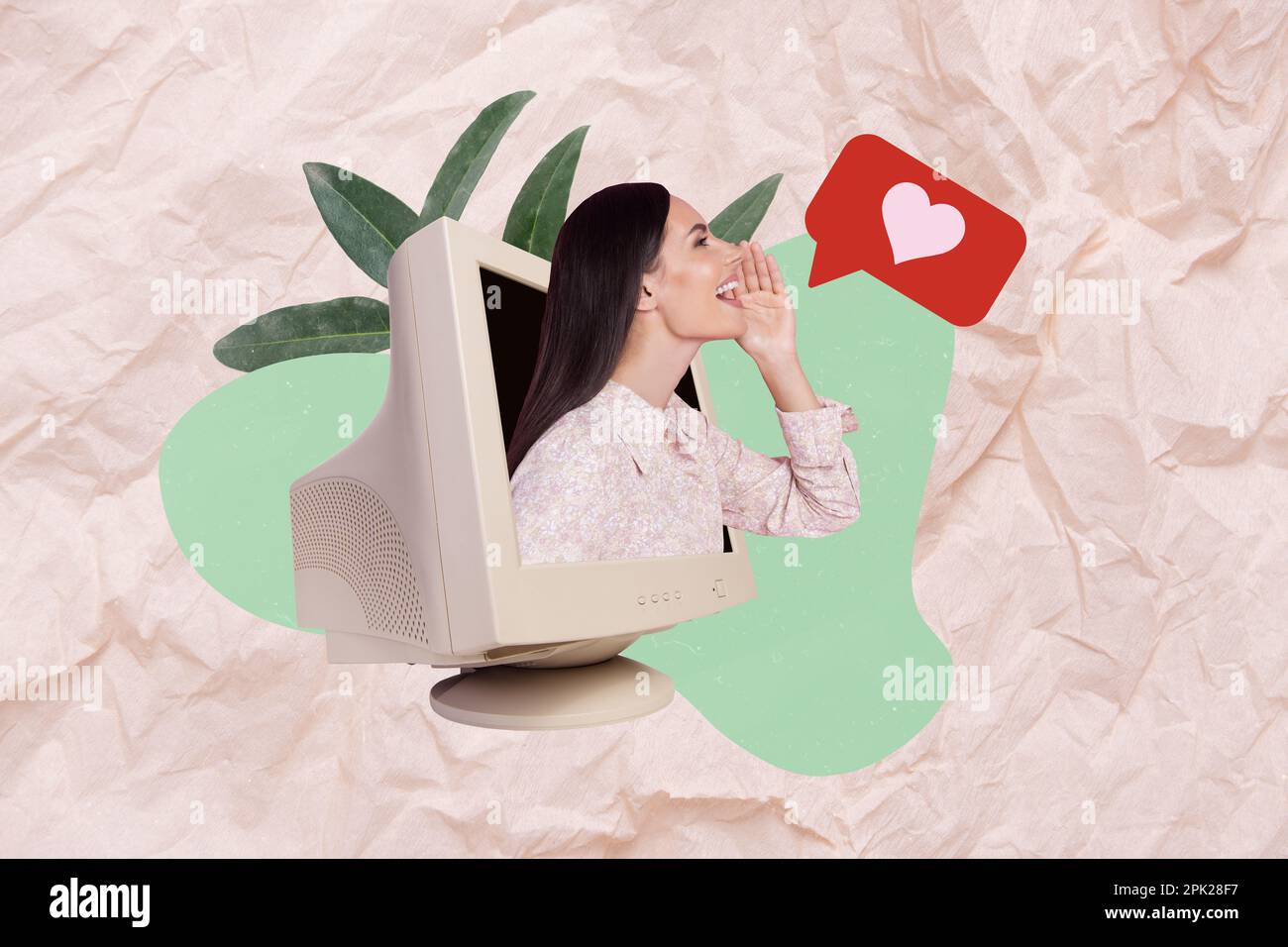 Artwork collage picture of mini cheerful girl inside retro pc monitor talk speak like ...