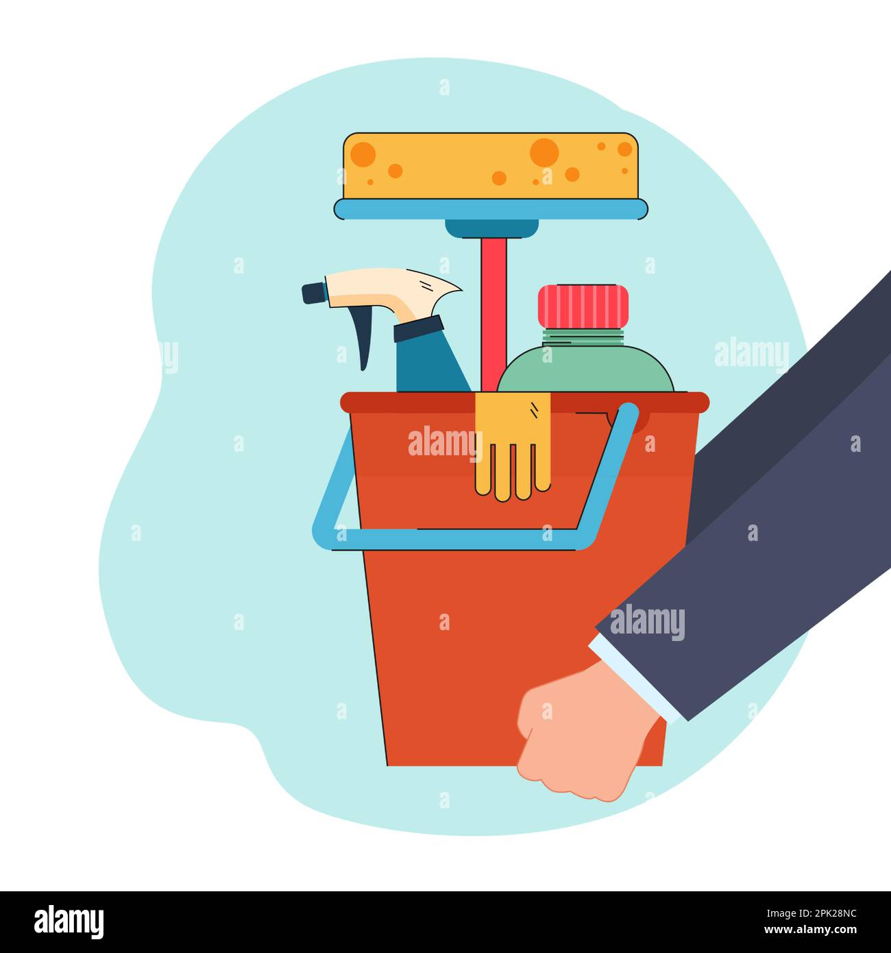 Hands of businessman holding bucket with housekeeping tools Stock ...
