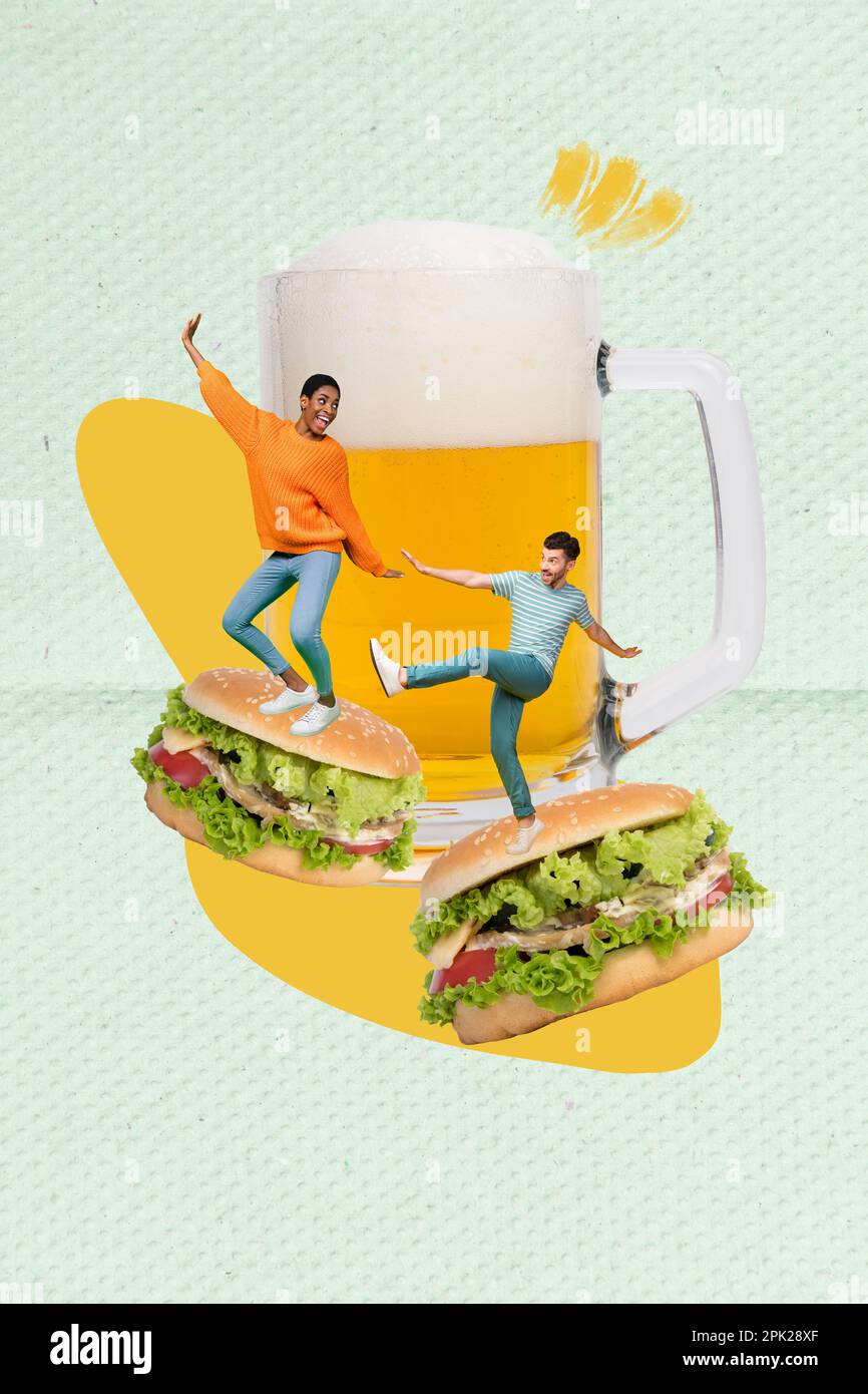 Vertical abstract collage of two excited mini people stand big burger ...