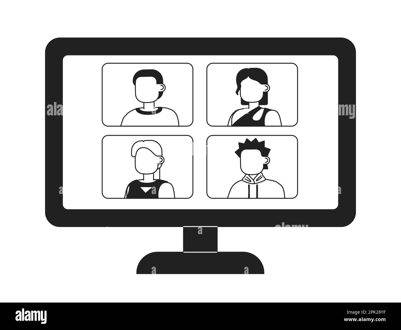 Computer monitor with online video meeting monochrome flat vector ...