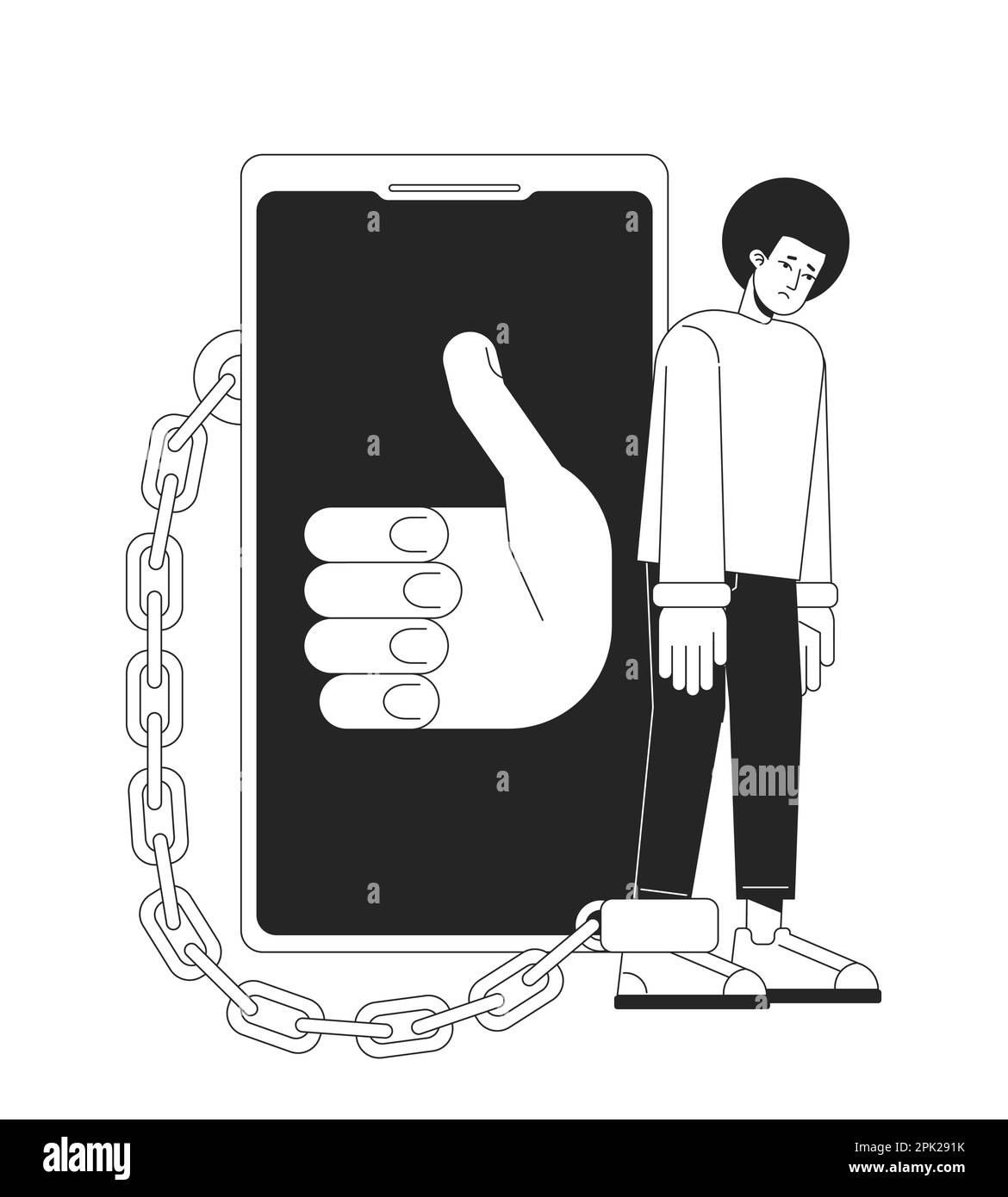 Being chained to smartphone black and white concept vector spot ...