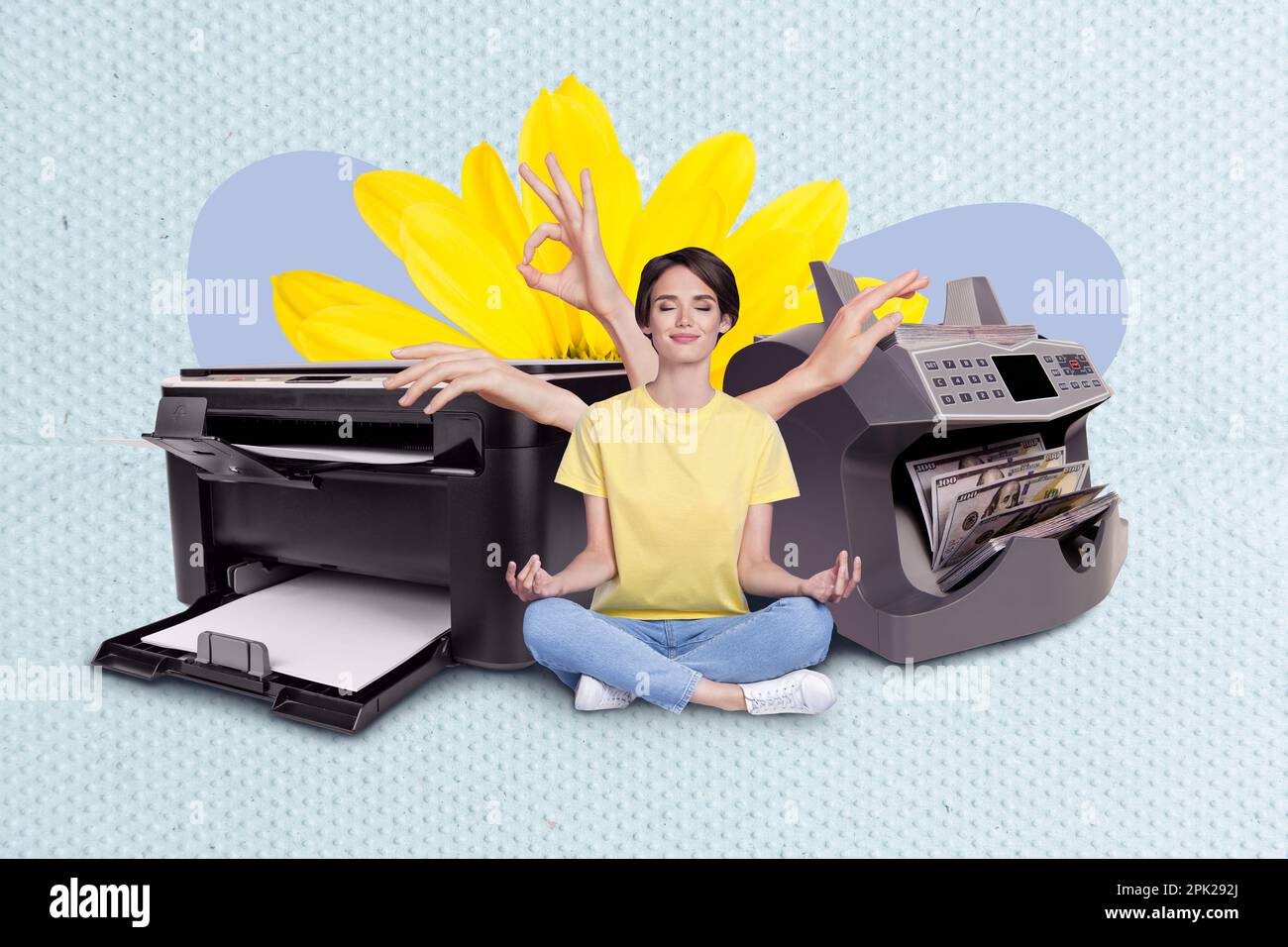 Composite collage image of mini girl meditate big arms multitask ...