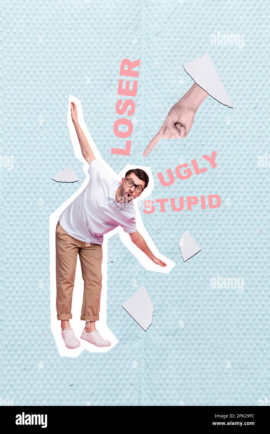 Vertical collage picture of big arm finger point mini impressed guy ...