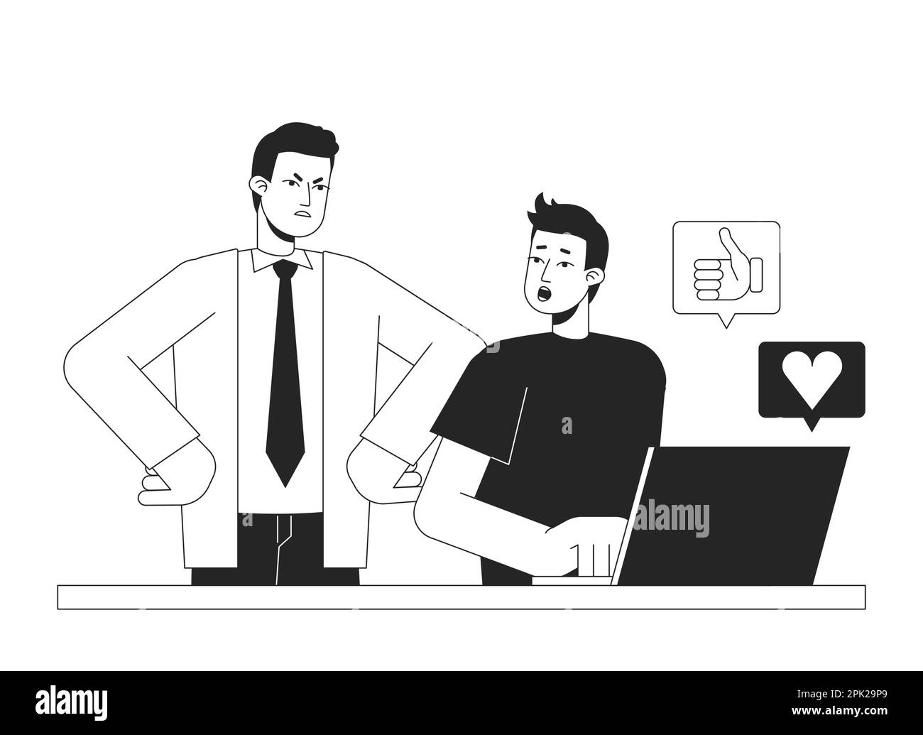 Social media distractions at work black and white concept vector spot ...