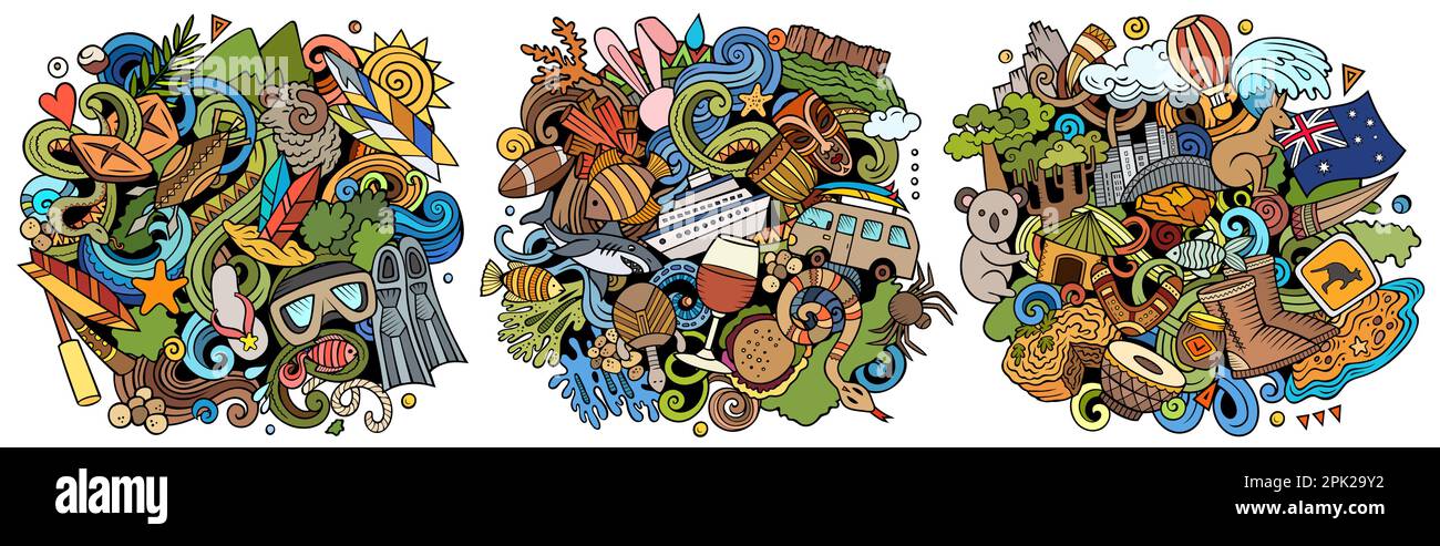 Australia cartoon vector doodle designs set. Colorful detailed ...