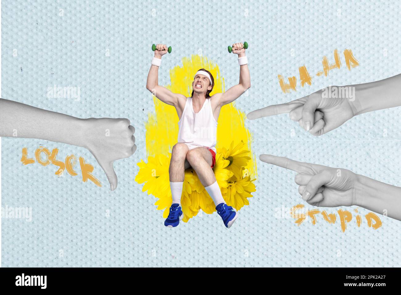 Collage photo picture artwork poster sketch of sporty guy suffer stupid ...