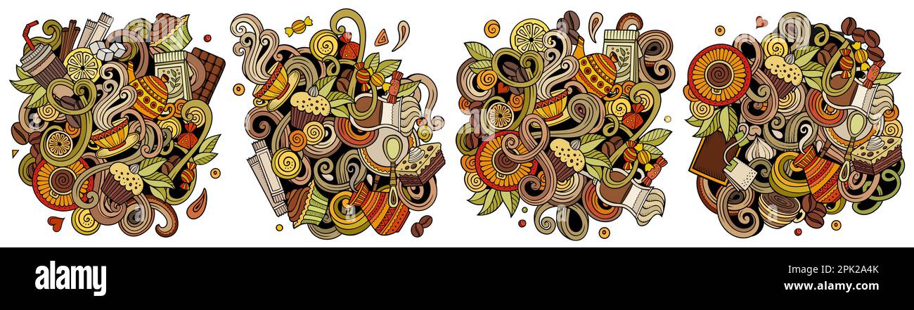 Cafe cartoon vector doodle designs set. Colorful detailed compositions ...