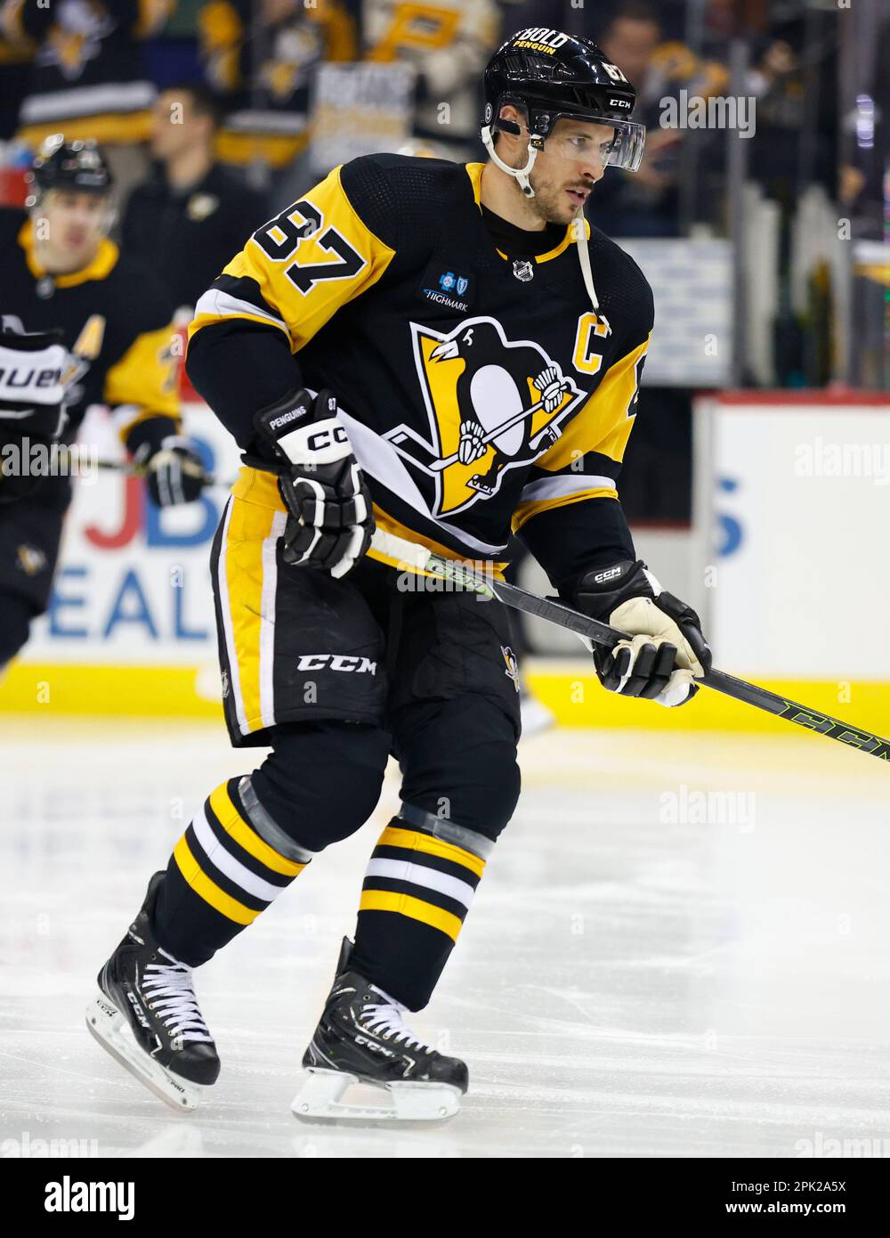 Pittsburgh Penguins center Sidney Crosby (87) during warm up before an NHL hockey game against ...