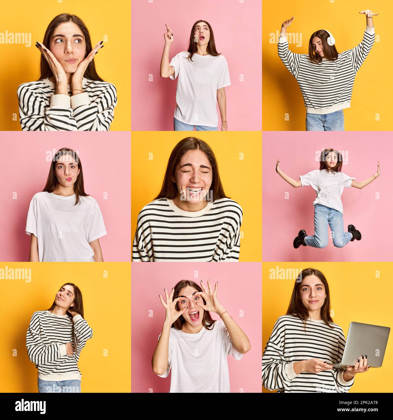 Collage. Set of portrait of young girl posing with diverse positive ...