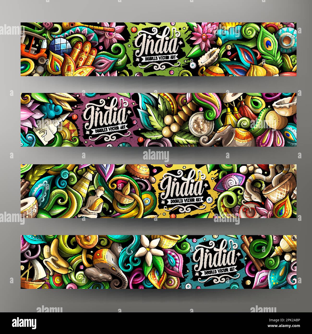 India doodle banners set. Cartoon detailed flyers. Indian culture ...