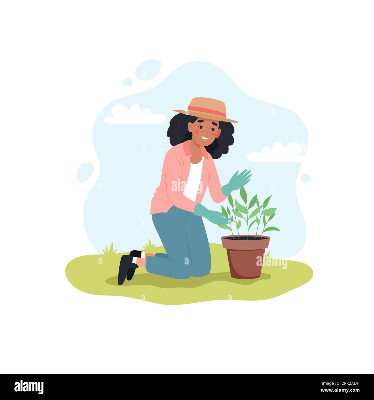 Black woman taking care of plant. Female gardener in spring. Cute ...