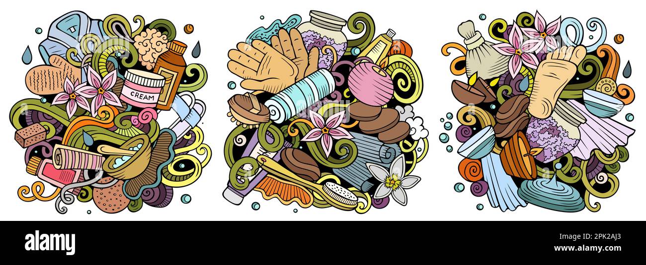 Massage cartoon vector doodle designs set. Colorful detailed ...
