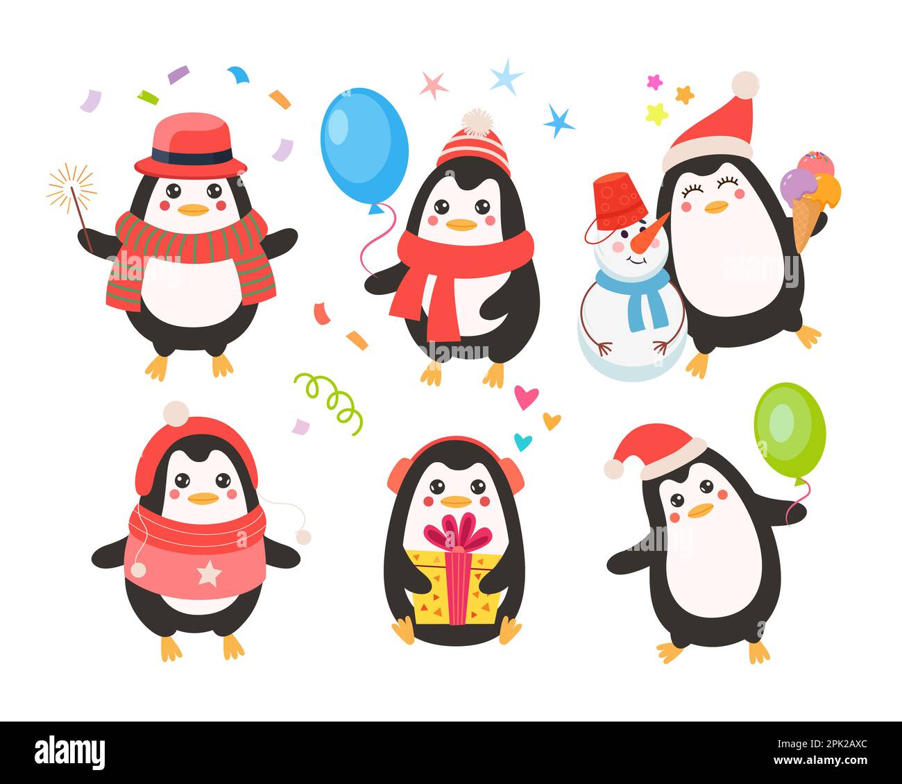 Comic penguin celebrating Christmas vector illustrations set Stock ...