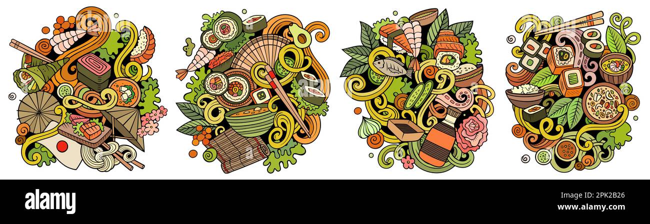 Japan food cartoon vector doodle designs set. Colorful detailed ...