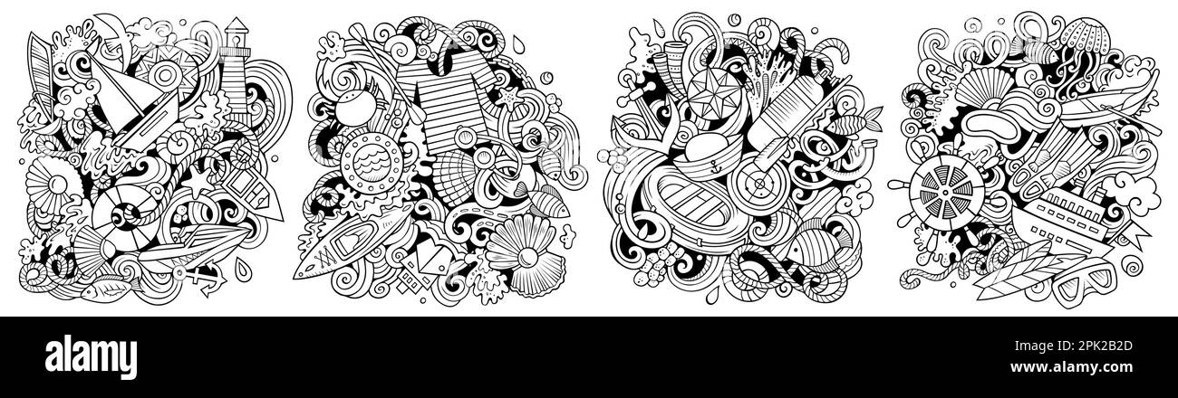 Marine cartoon vector doodle designs set. Line art detailed ...