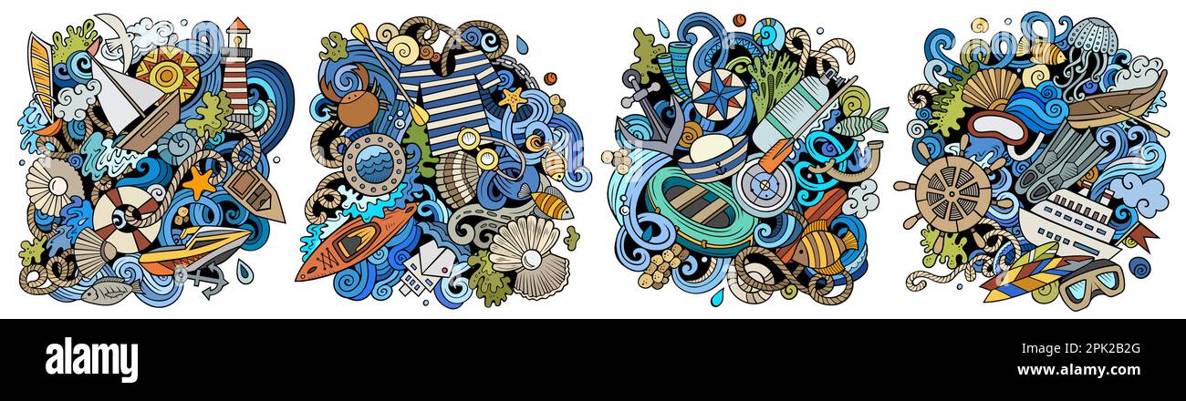 Marine cartoon vector doodle designs set. Colorful detailed ...