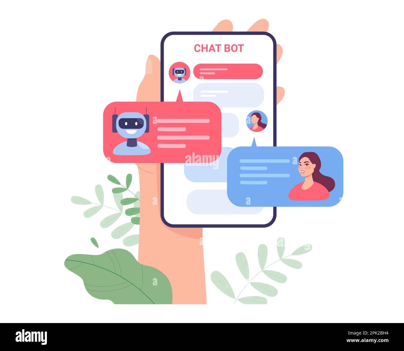 Hand holding phone with conversation of girl and chat bot Stock Vector ...