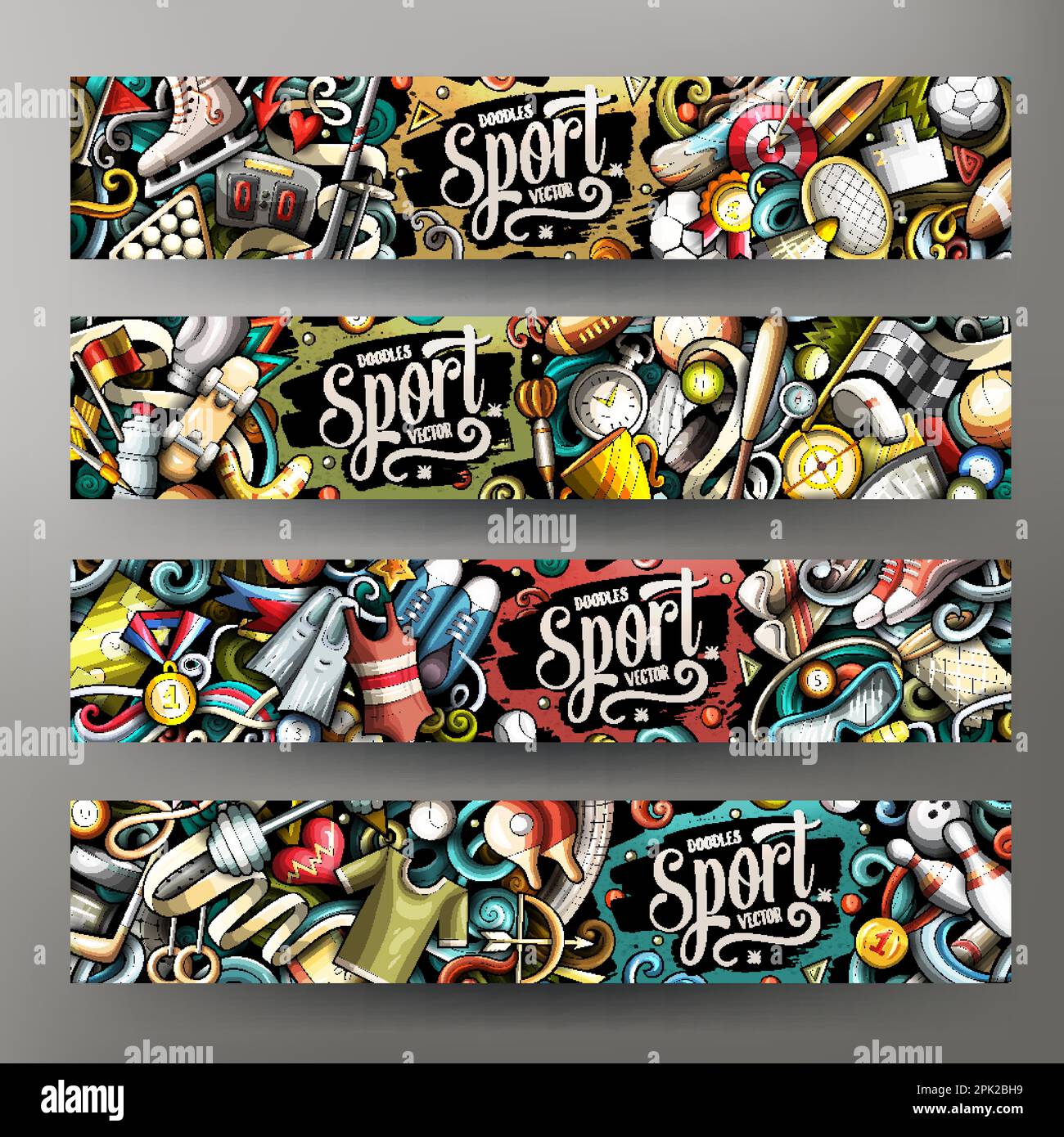 Sports doodle banners set. Cartoon detailed flyers. Activities identity ...
