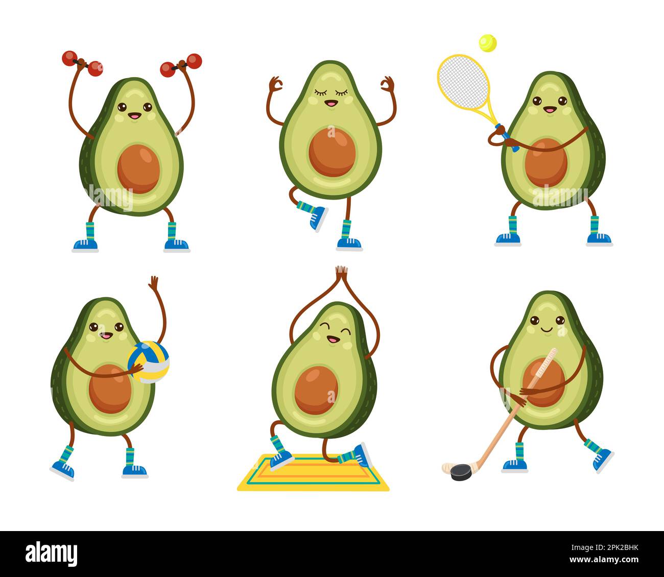Avocado character exercising cartoon illustration set Stock Vector ...