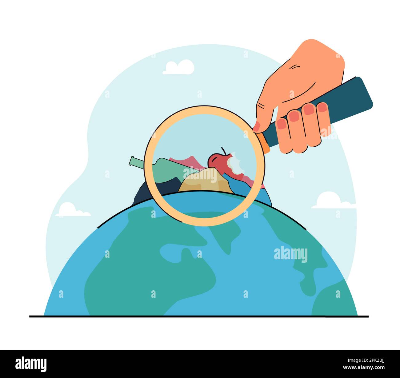Man looking through loupe at garbage on surface of planet Earth Stock ...