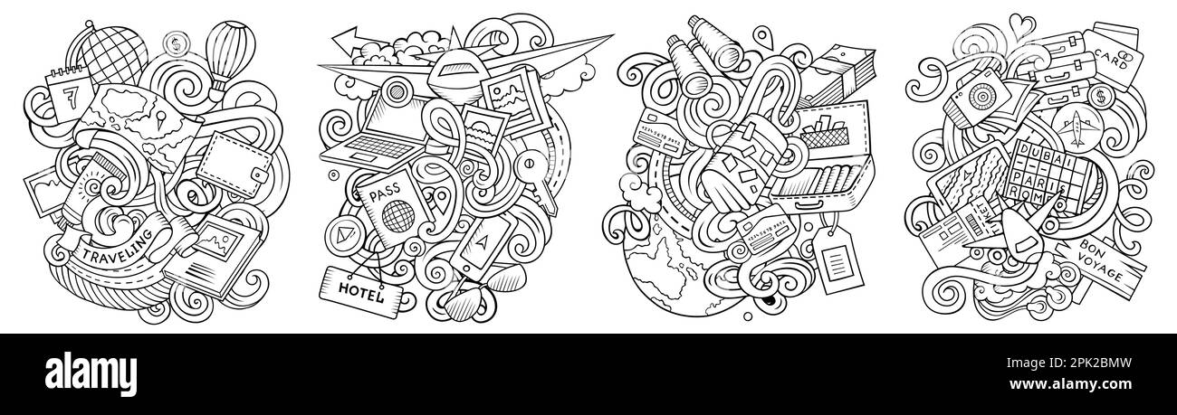 Traveling cartoon vector doodle designs set. Line art detailed ...