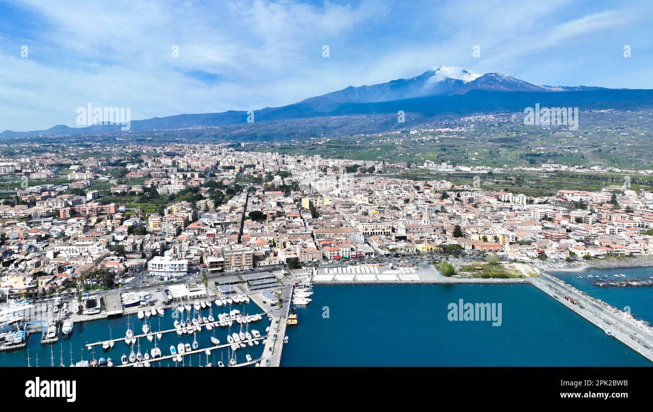 Riposto summer destination - aerial view from above on the seaport with ...