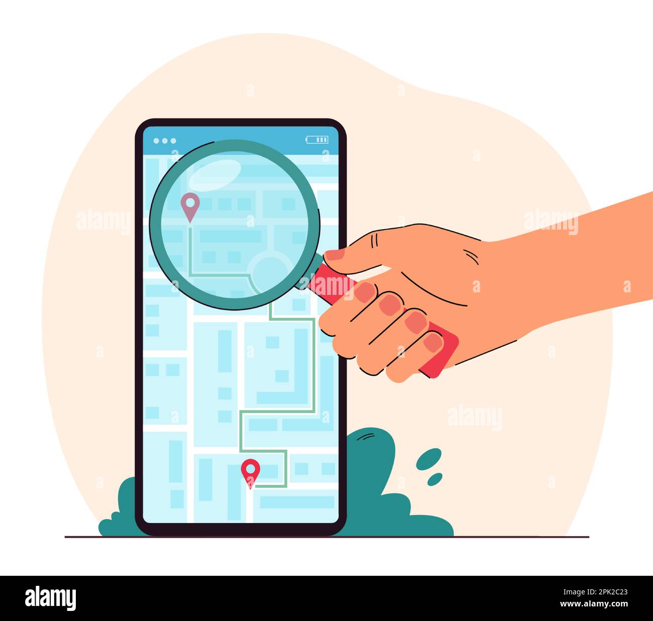 Hand holding magnifier in front of phone with city map on screen Stock ...