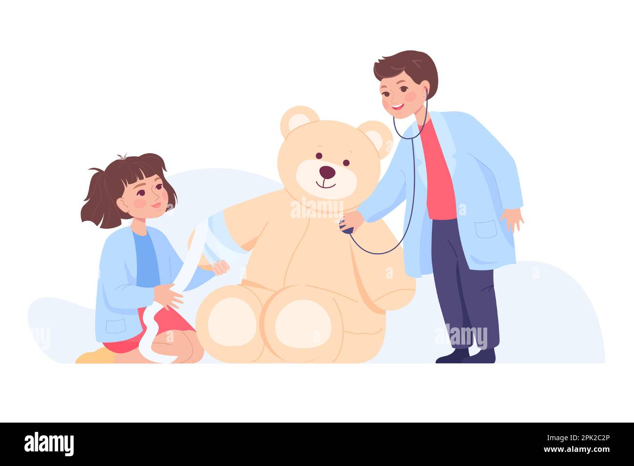 Cute cartoon kids playing doctor together with big teddy bear Stock ...