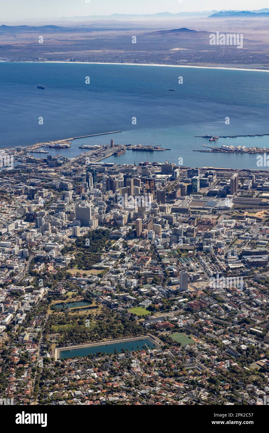 An aerial view of the skyline and shoreline of Cape Town, South Africa ...