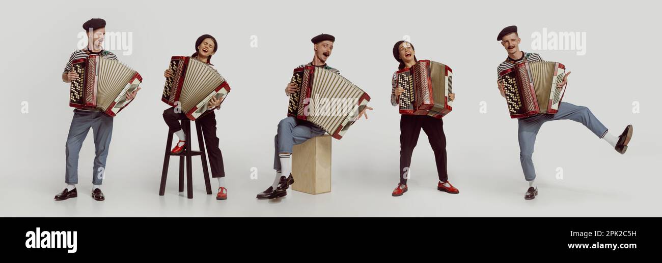 Collage with man and woman, musicians wearing old-fashioned clothes ...