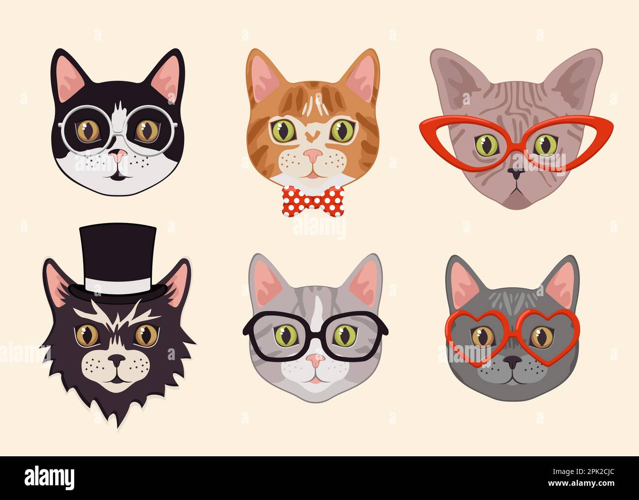 Cute cat heads with glasses and hats cartoon illustration set Stock ...